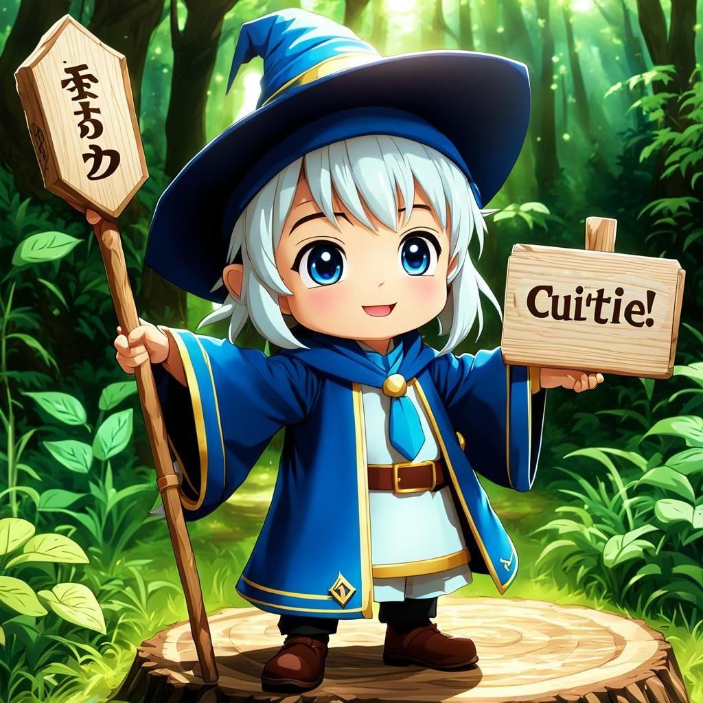 a cute wizard holding a wooden sign that says: "CutIe!", upultra cute ...