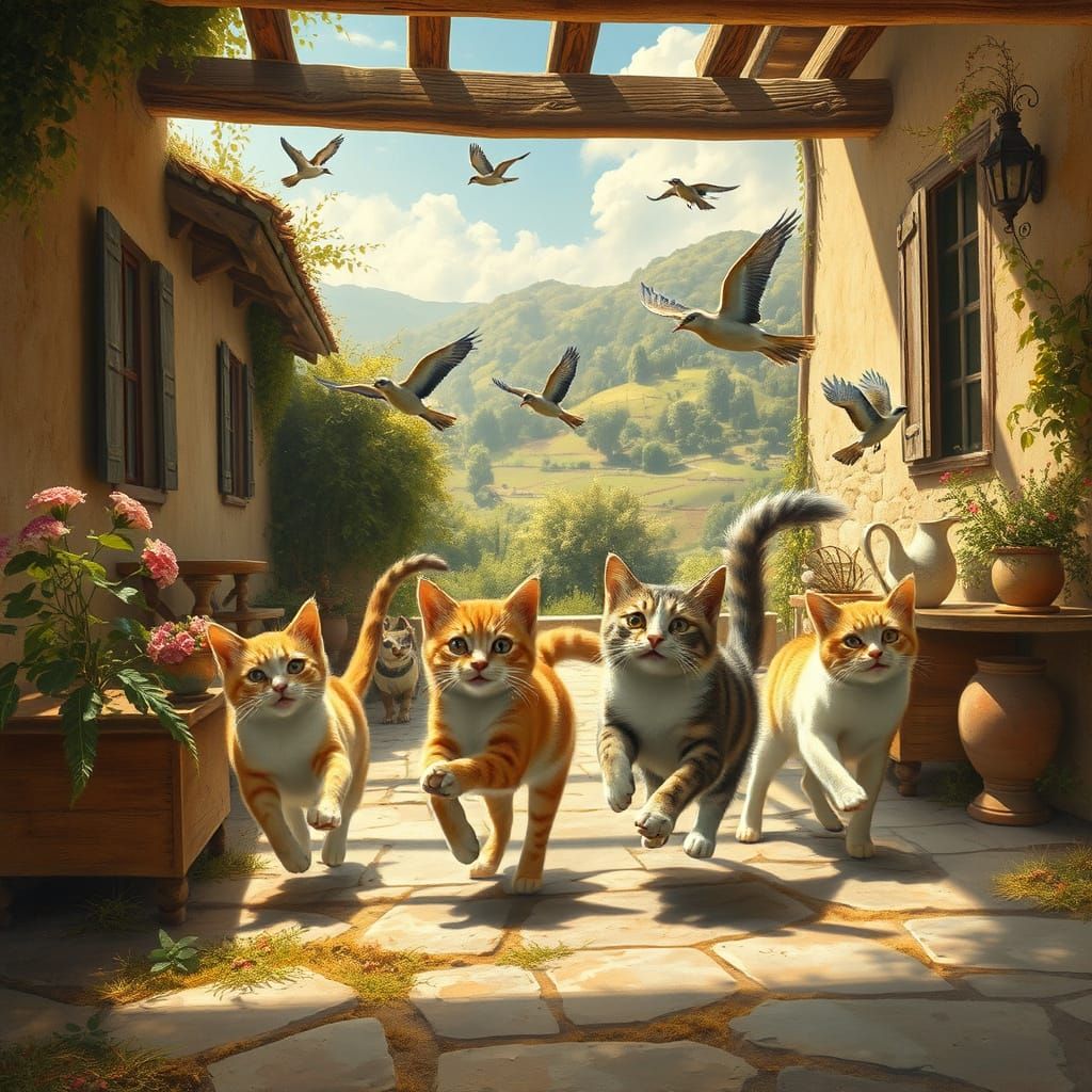 "Cats at play" - Whimsical Cats in Rustic Italian Landscape