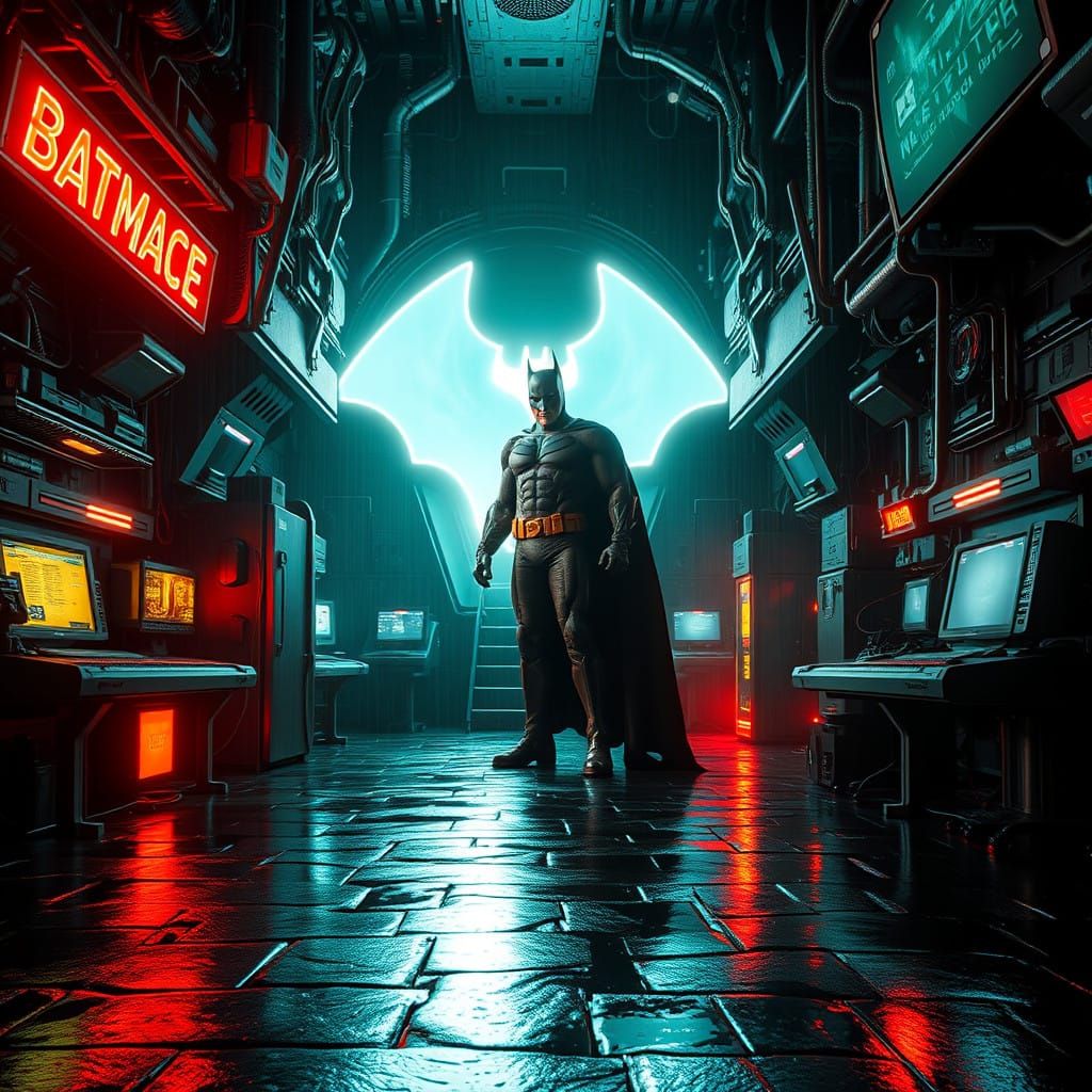 Cyberpunk Batman Hologram in the Batcave - AI Art