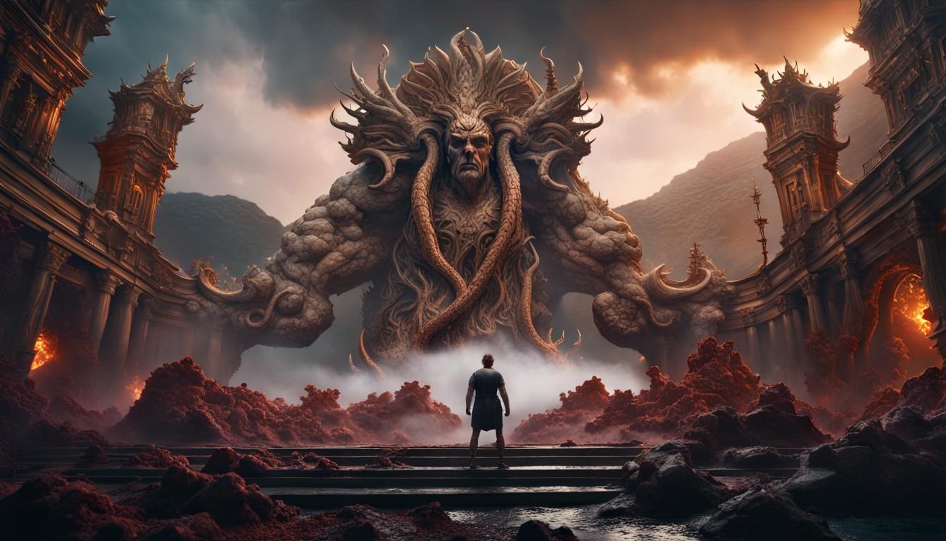 Man vs a demigod detailed matte painting, deep color, fantastical ...