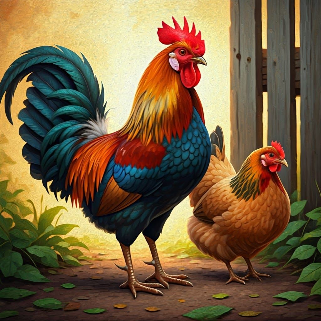 🐓 Rooster & Hen - Vibrant Rooster and Serene Hen in a Sun-...