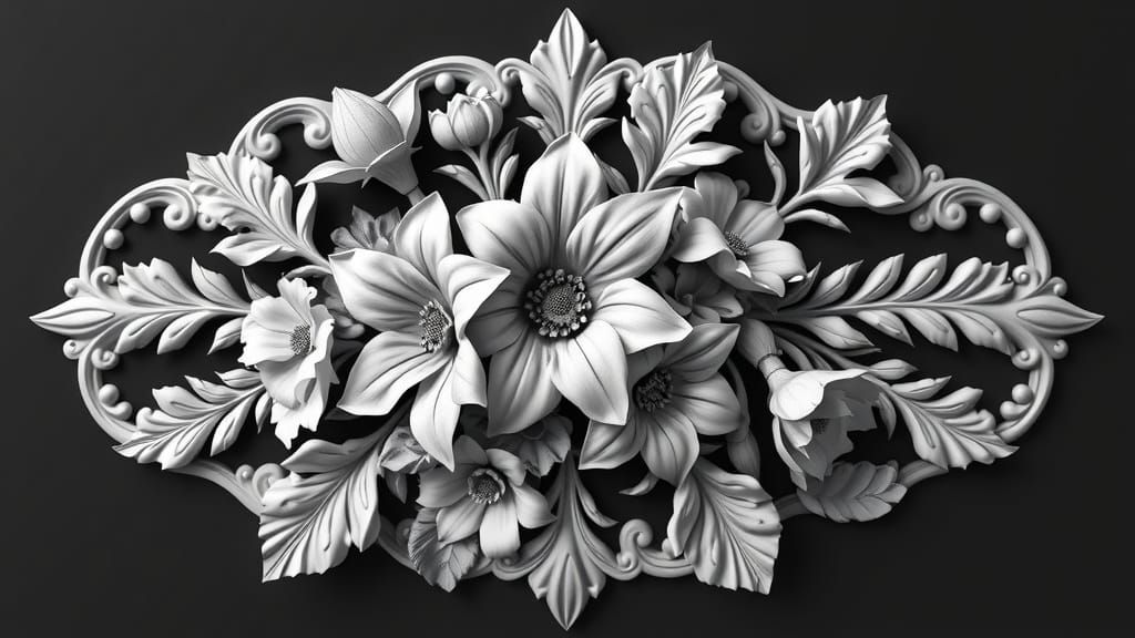3d rococo relief, depth map, front view orthogonal, grayscale, no shadows, no light, no angle ...