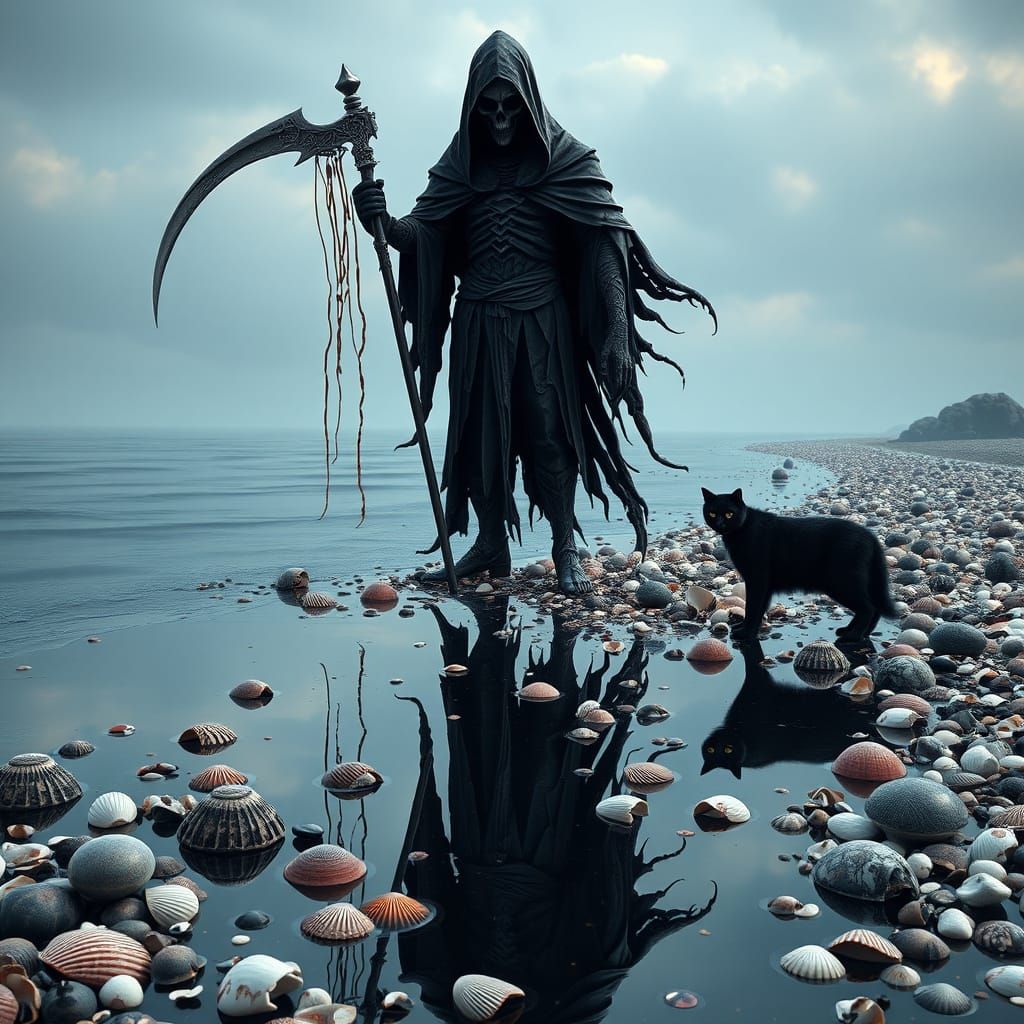 Surreal Grimm Reaper and Black Cat Silhouette on S... - AI Art