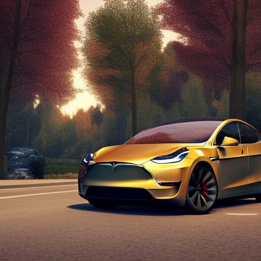Tesla Model Y by a breathtakingly beautiful waterful with amazing trees ...
