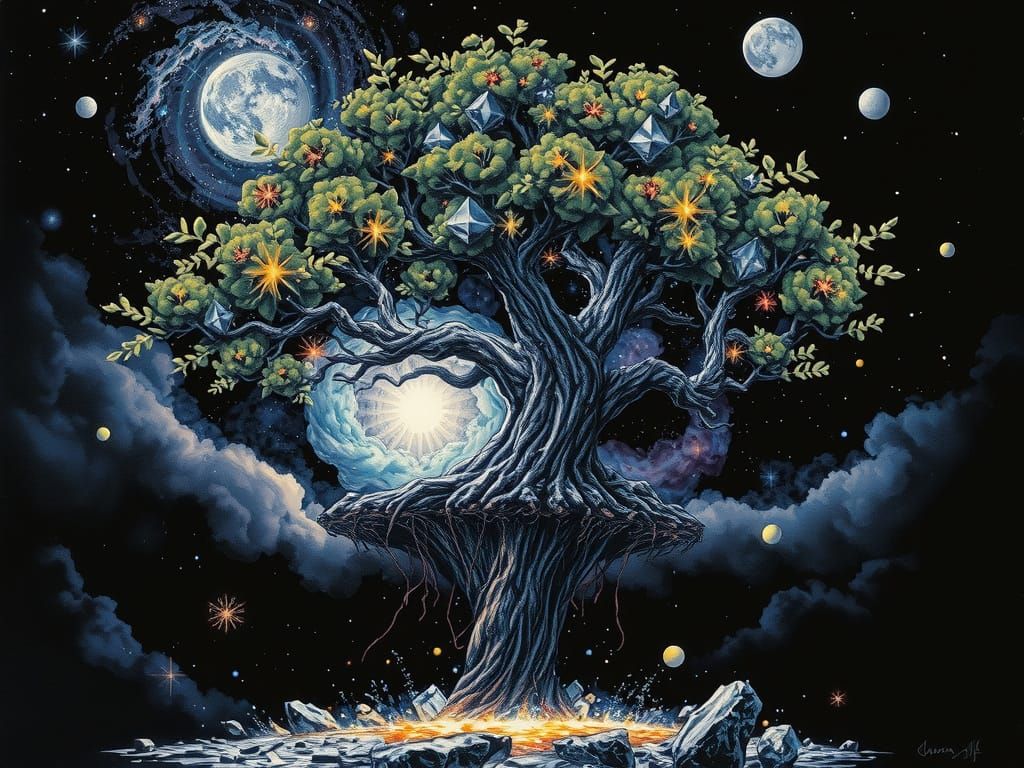 A colossal tree floating in the heart of a fractured sky, its roots ...