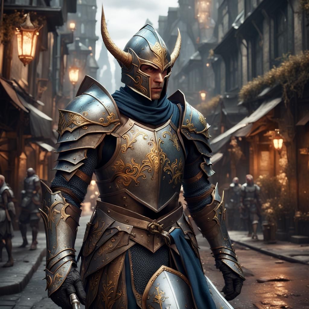 High elf knight walks through city streets in his armor - AI Generated ...