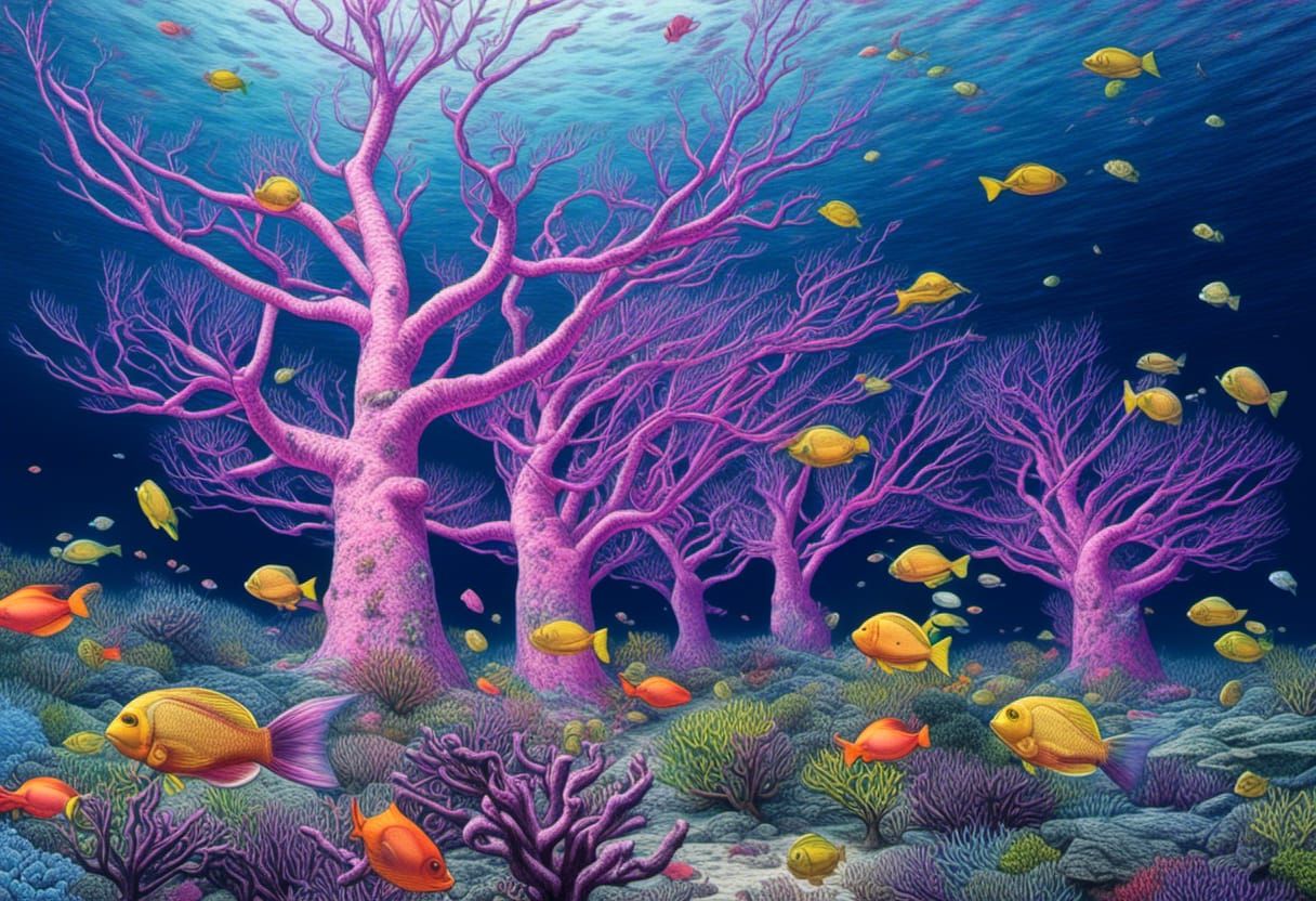 Underwater. Beautiful rows of coral trees. Colorful fish, sea stars and ...