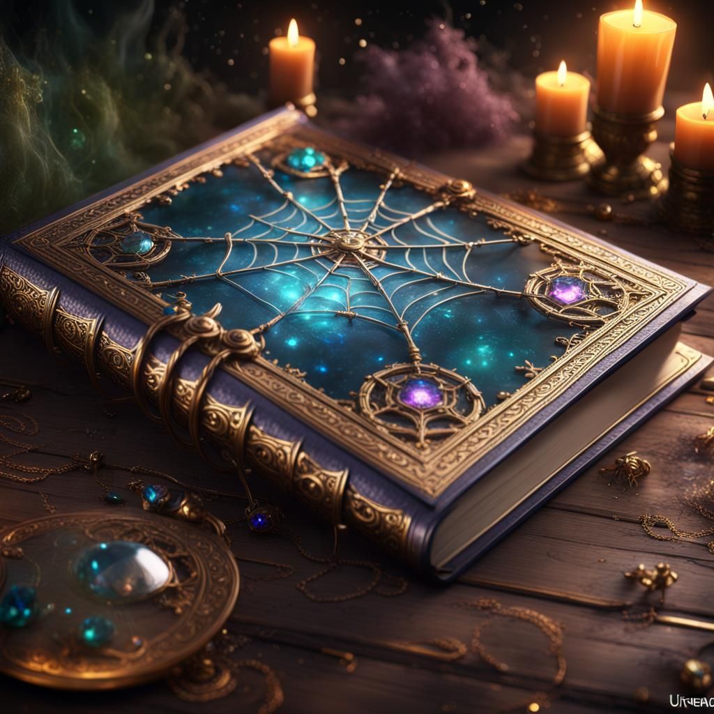 a bejeweled ancient magic book made of glass full of spider webs - AI ...