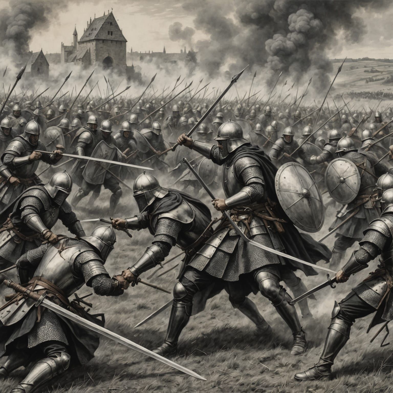 Medieval Armies Clash in a Detailed Charcoal Drawi... - AI Art