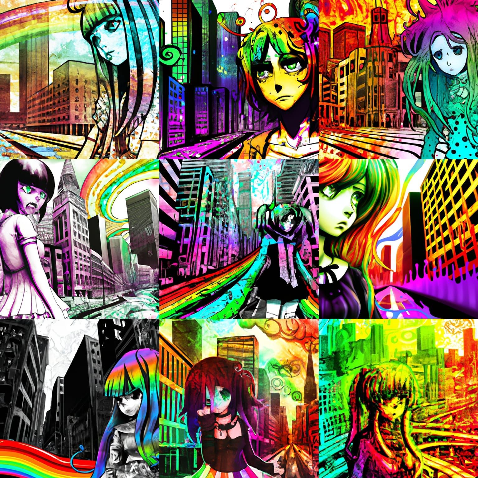 dark Psychedelic Melting Anime Girl in city melted rainbow manga cover ...