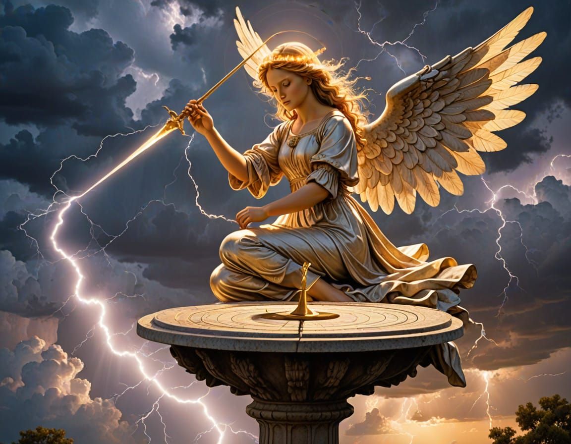 Surreal Angel Sundial Captured in Ephemeral Lightn... - AI Art