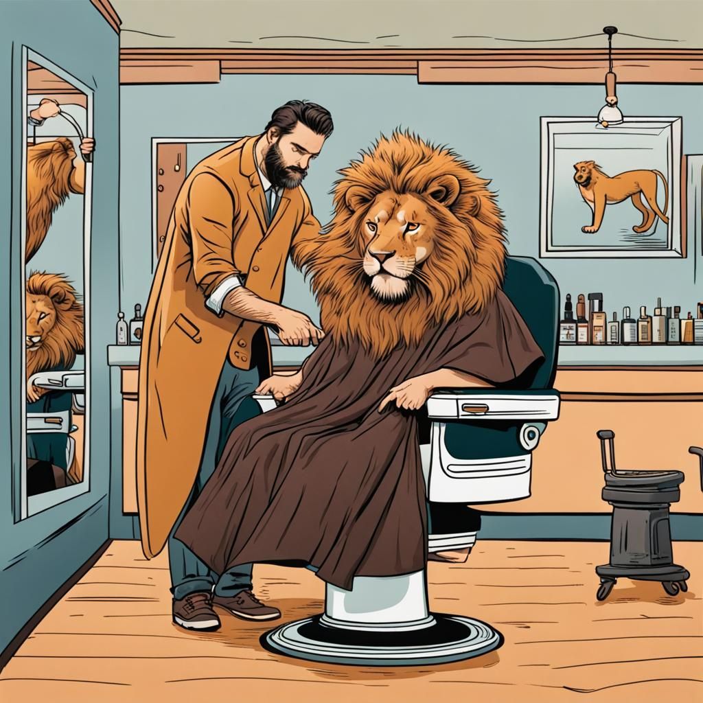 A lion in a barbershop, wearing a cape, the lion is being trimmed by a ...