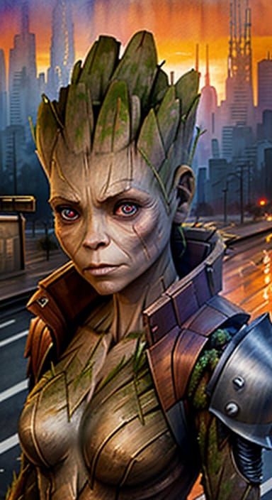 Lady Groot in a Post-Apocalyptic City, Frutiger Metro