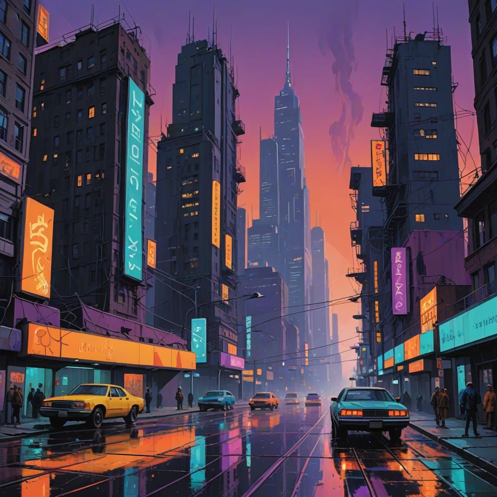 Cyberpunk Cityscape Painting in Neo-Impressionist ... - AI Art
