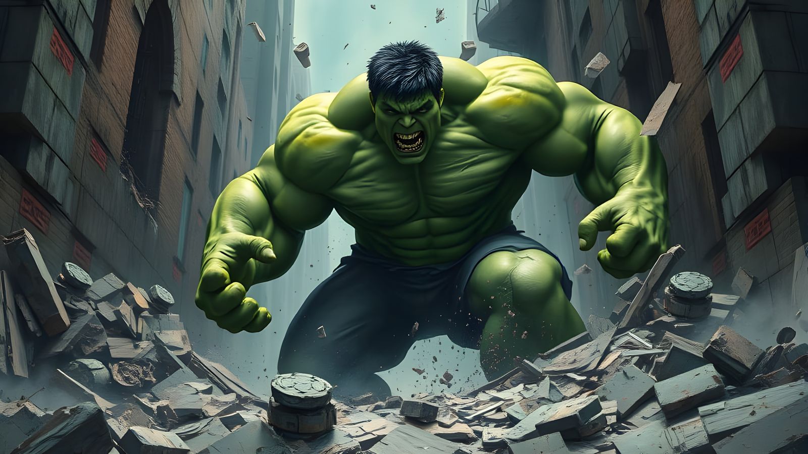 Enraged Hulk Smashes Through Ruins in Futuristic L... - AI Art