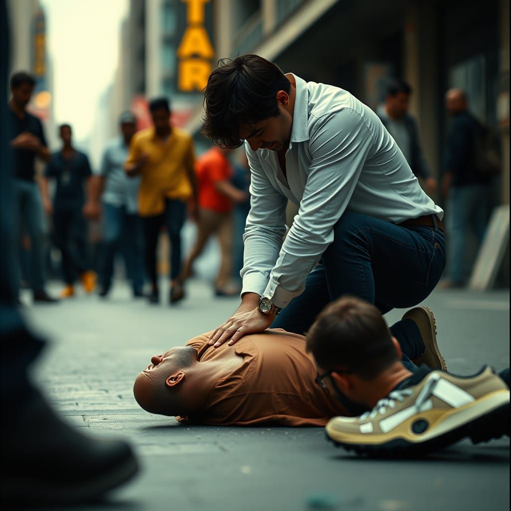Intense CPR Scene in a Gritty Urban Setting - AI Art