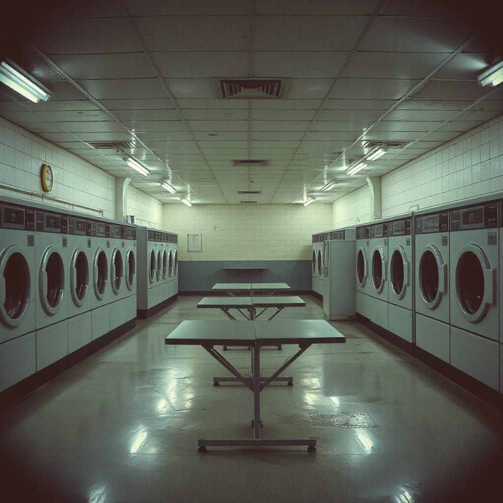 Unsettling Liminal Space: Empty Laundromat at 3 AM - AI Art