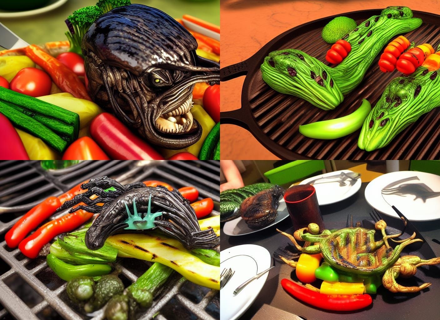Grilled alien served with fresh vegetables, photorealistic 8k, hyper ...