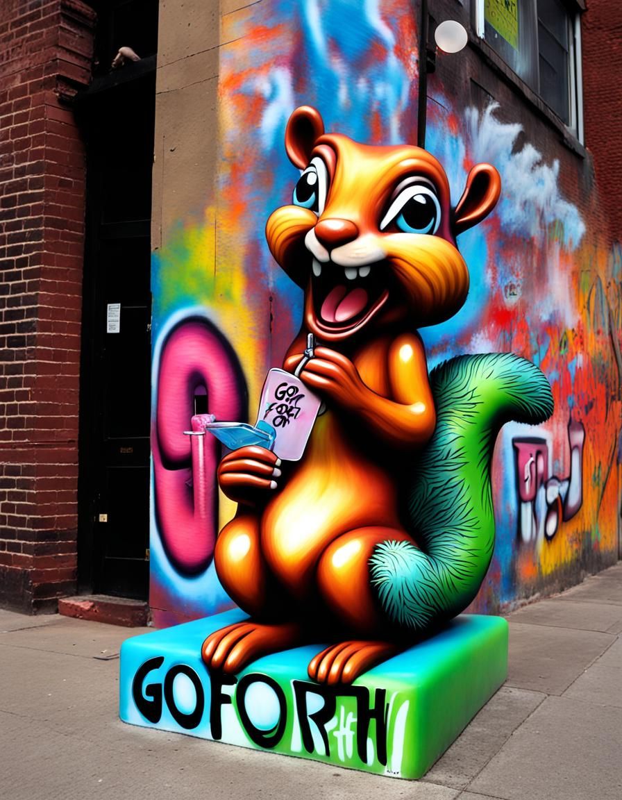 graffiti text reads "Go Forth!" behind the shiny (squirrel:1.2) of ...
