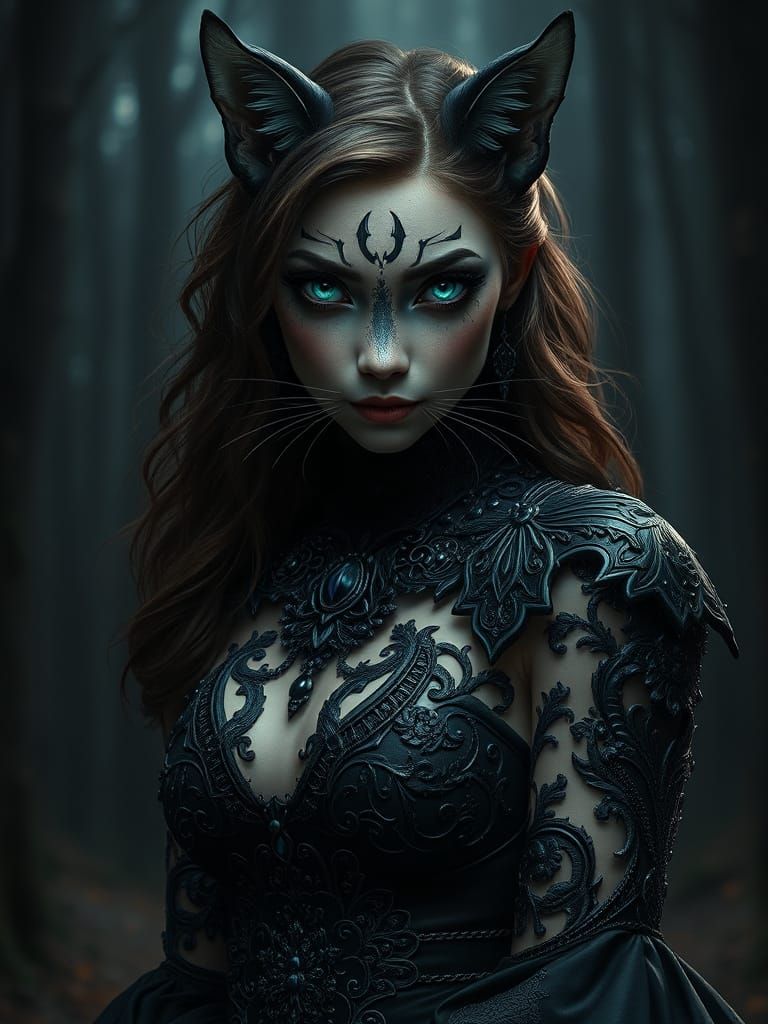 Hyperreal portrait of a woman with feline facial features