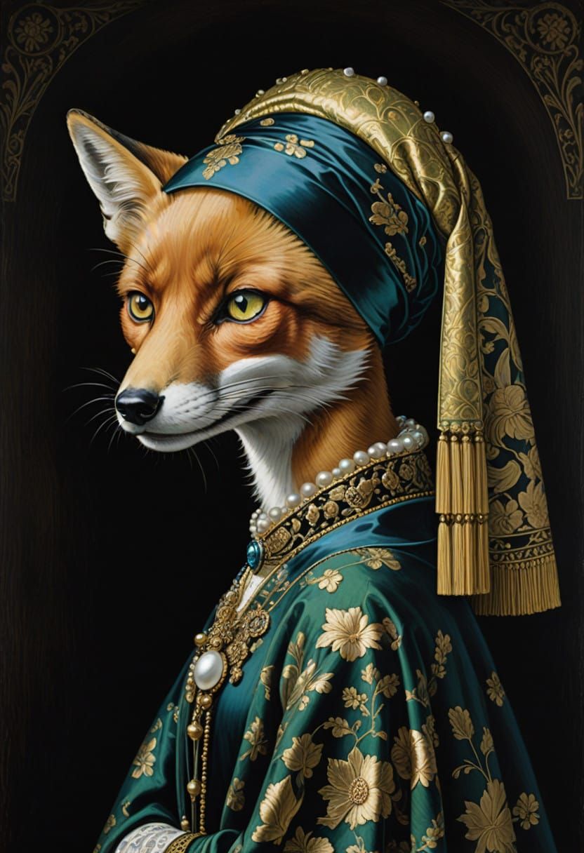 Enigmatic Fox Maiden with Pearl Earring in Dutch M... - AI Art