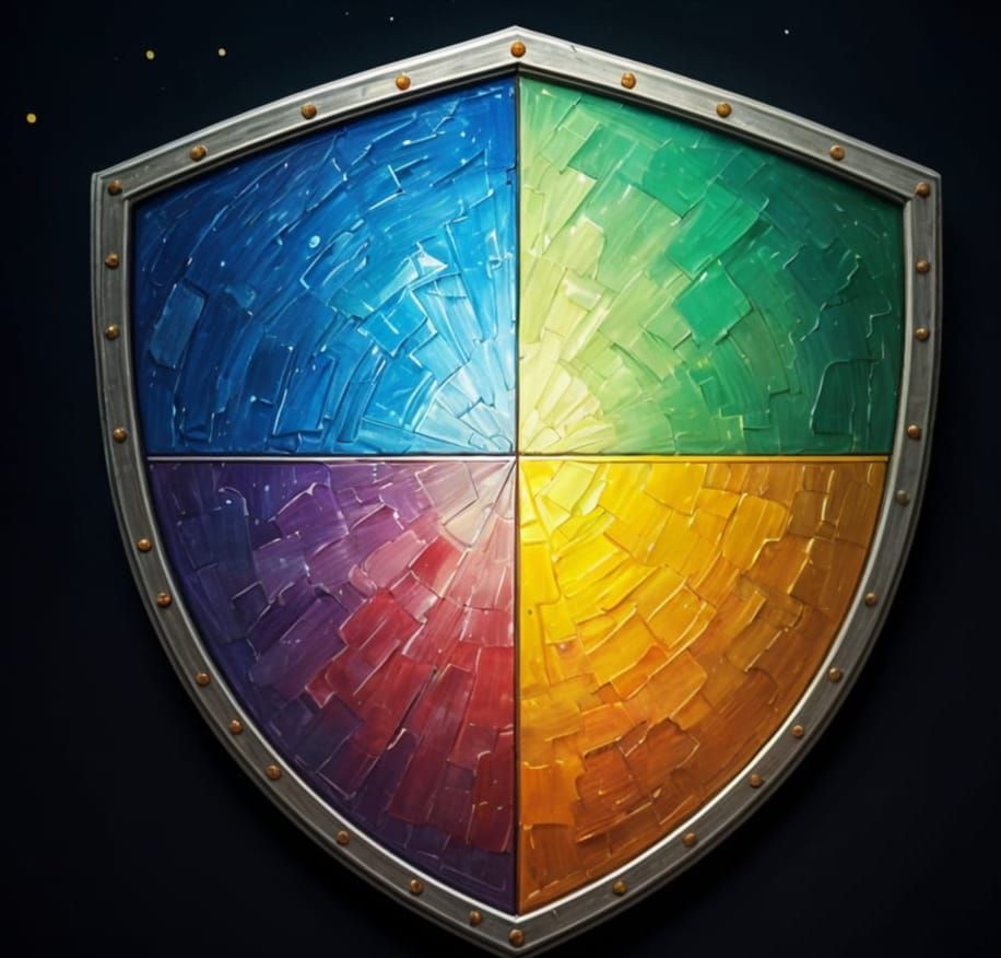 A shield featuring quadrants of love, peace, calm and relaxation neo ...