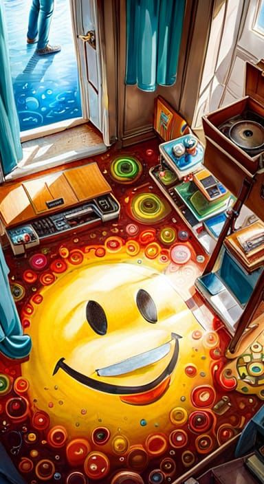 ROOMBA with smiley face painting floor beautifully with colorful ...