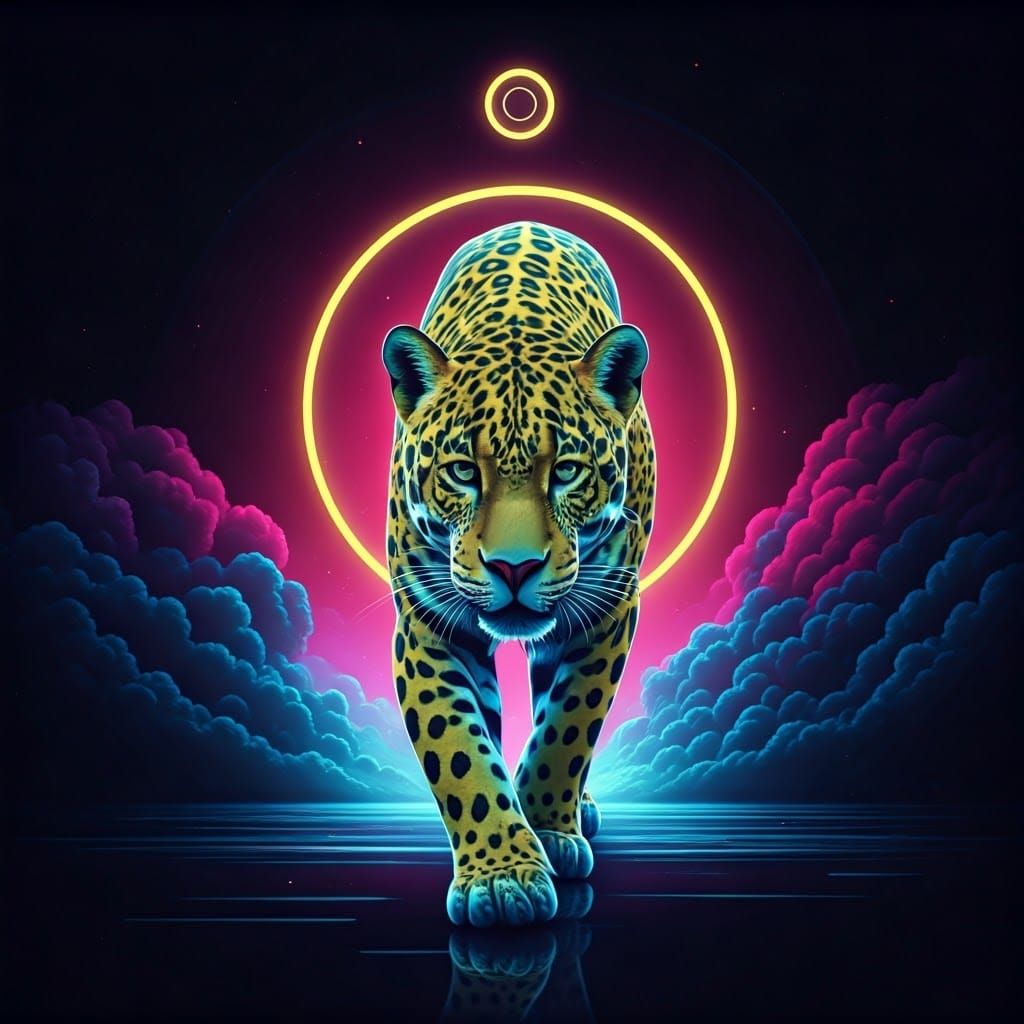 A Jaguar walking between inter dimensional realms with halos and sigils ...
