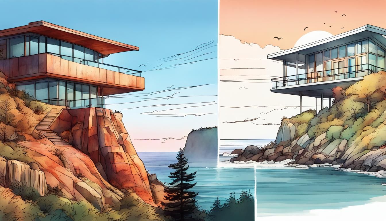 line Art and watercolor concept sketches for a midcentury modern home on a cliff overlooking a ...