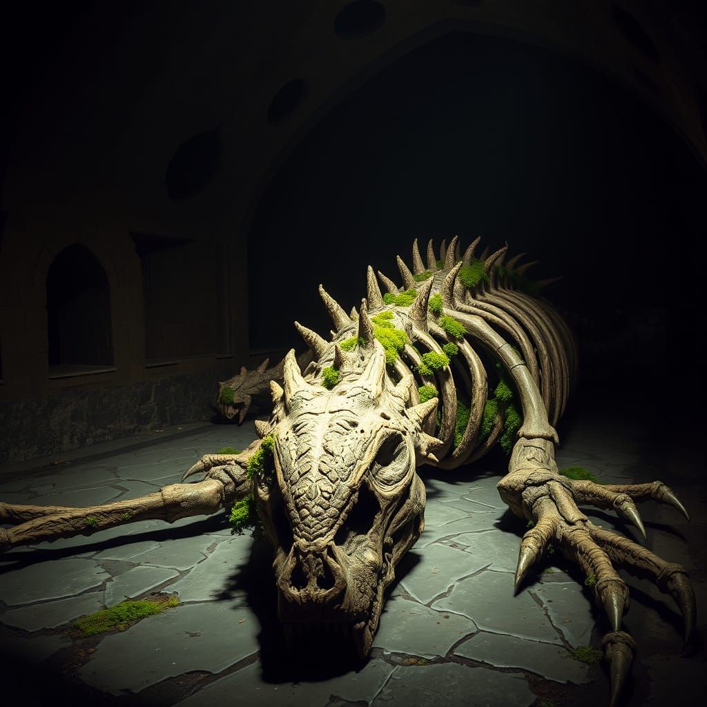 Fossilized Dragon Remains in Ancient Crypt - AI Art