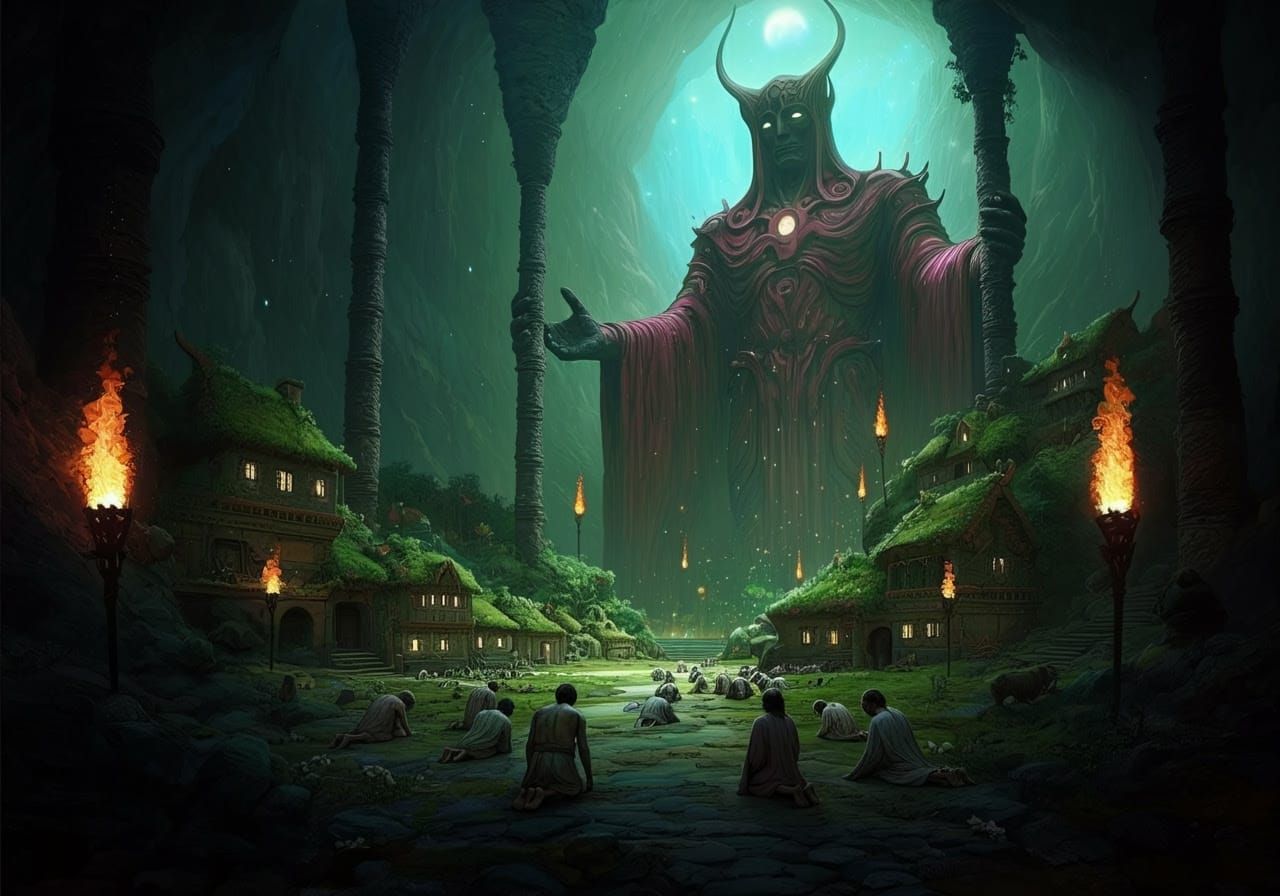 The sudden manifestation of their god surprises the folk of a subterran ...