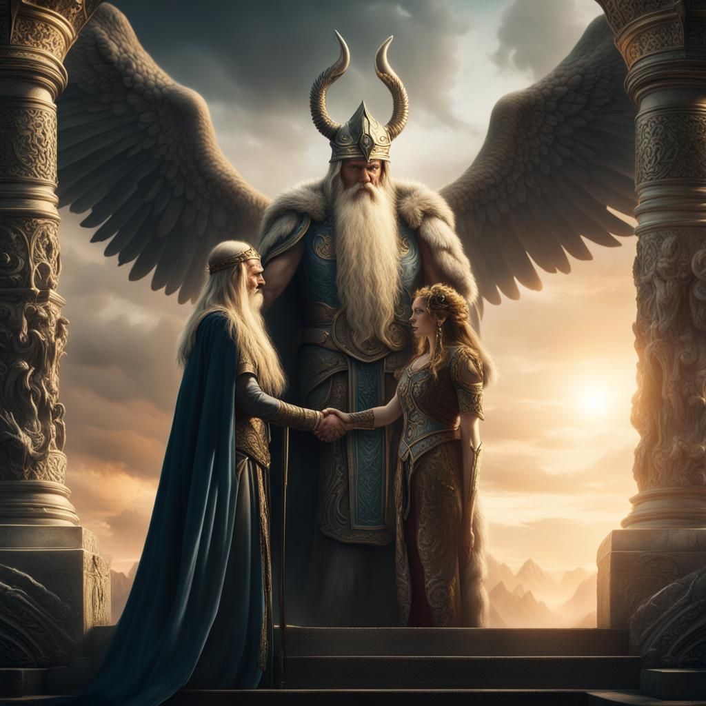 The god Odin shaking hands with the goddess Freyja - AI Generated ...