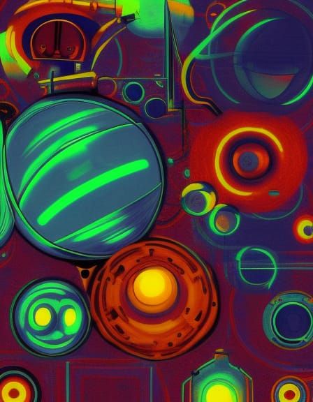 Dieselpunk robot, abstract art muted colers glowing balls, psychedelic ...
