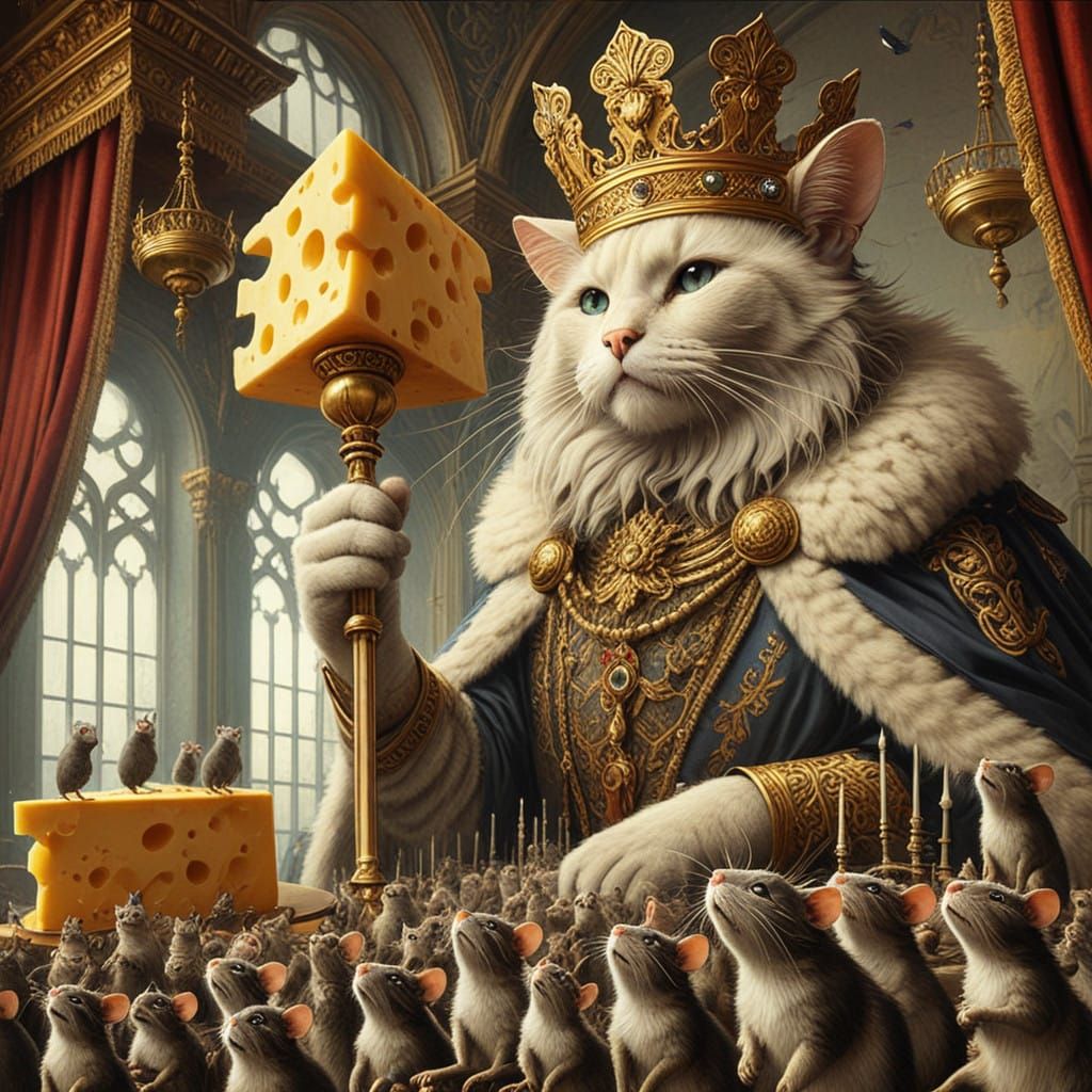 A regal, larger-than-life cat monarch, adorned with an ornate gold ...
