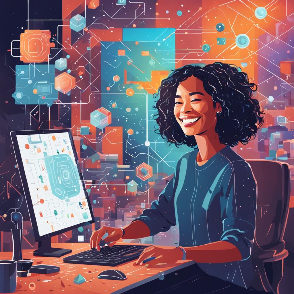 a woman working on her computer, she is creating AI art, smiling, happy ...