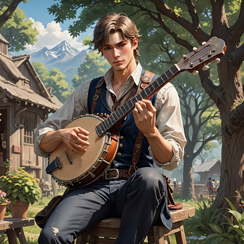 male romance novel cover model playing a banjo - AI Generated Artwork - NightCafe Creator