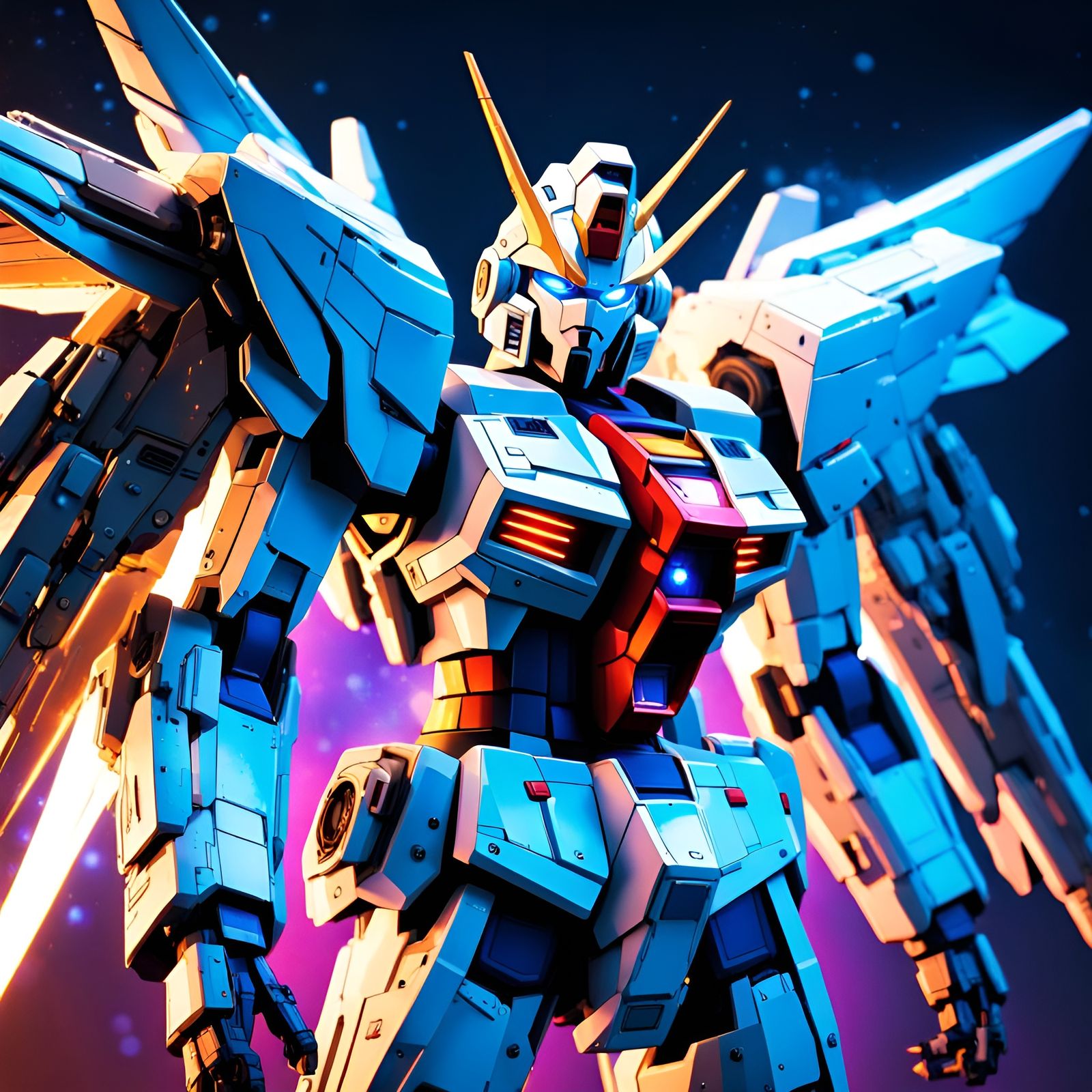 GUNDAM with cyberpunk lighting and blue light theme, with wings the has ...