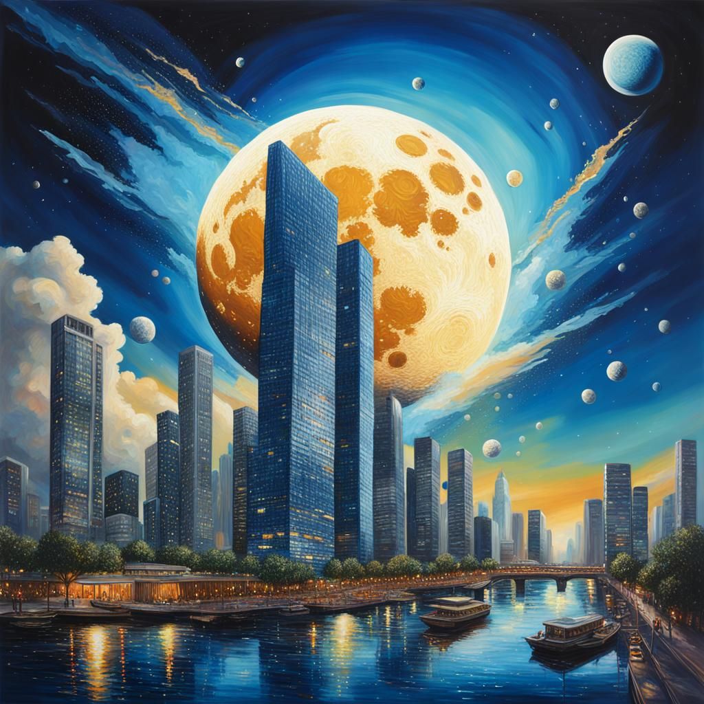 "An Ivory Moon In A Sapphire Sky" cosmic, city, breathtaking, stunning ...