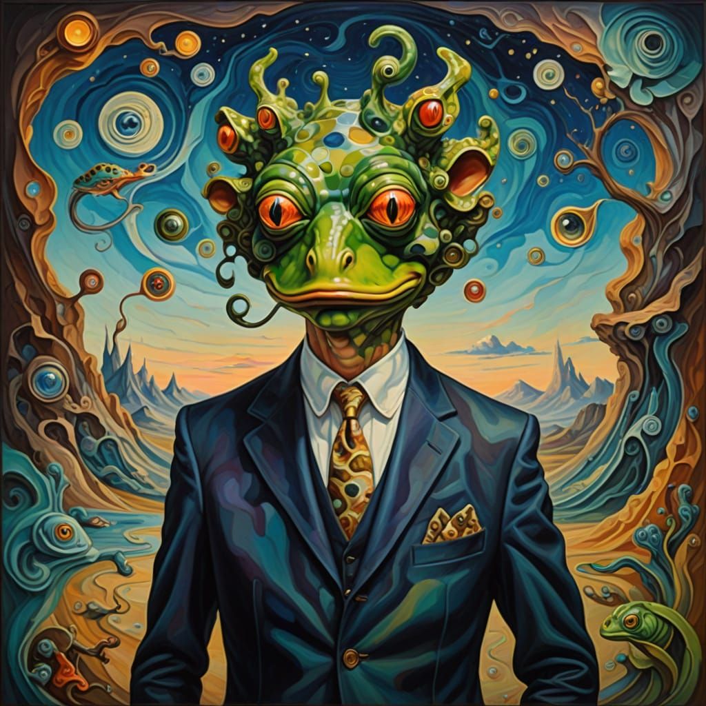 Mr. Frog - Whimsical Mosaic Man with Frog's Head in a Surre...