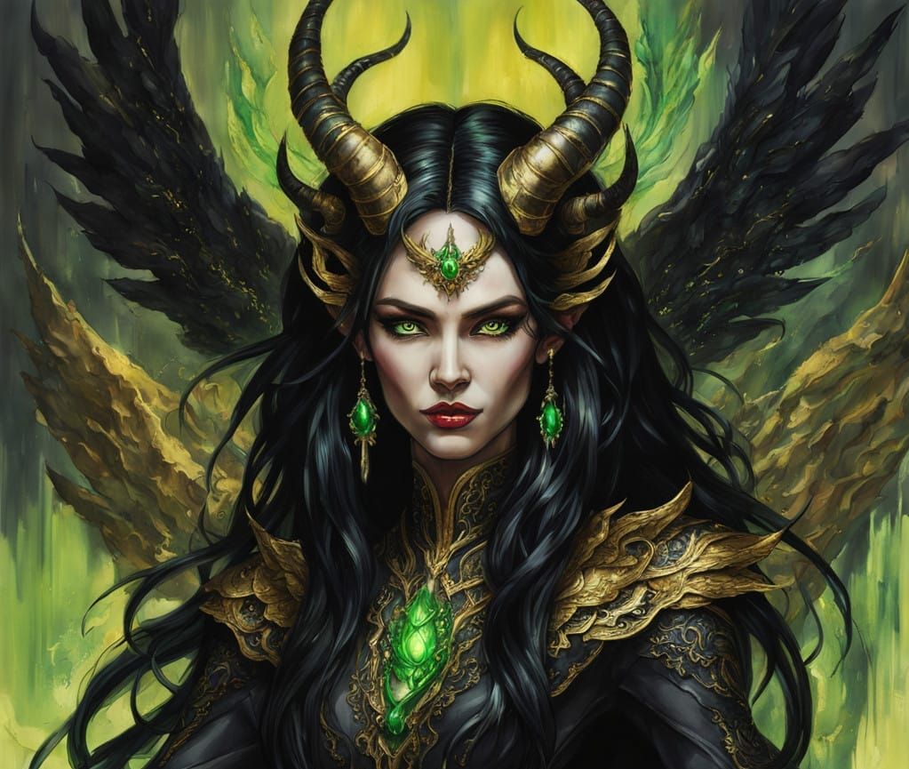Portrait of an unearthly beautiful Demon Queen, wearing a black ...