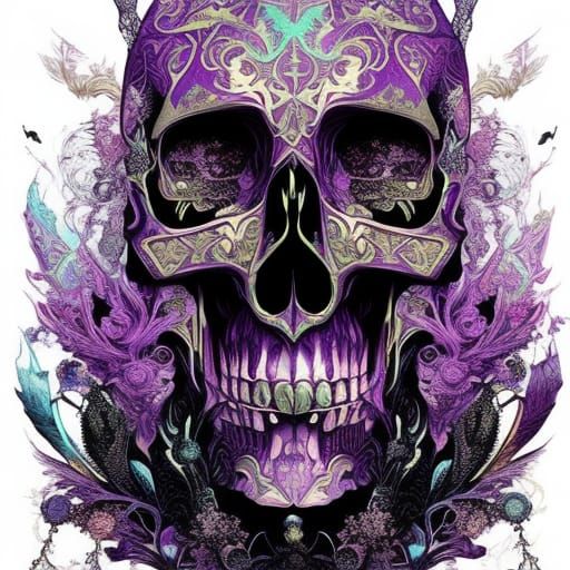 purple Skull, black outlines, highly detailed, intricate motifs ...