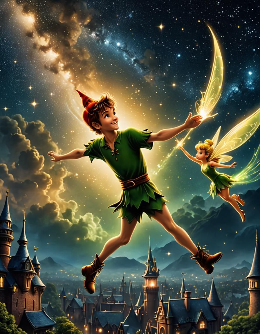 a happy Peter Pan flying with Tinkerbell - AI Generated Artwork ...
