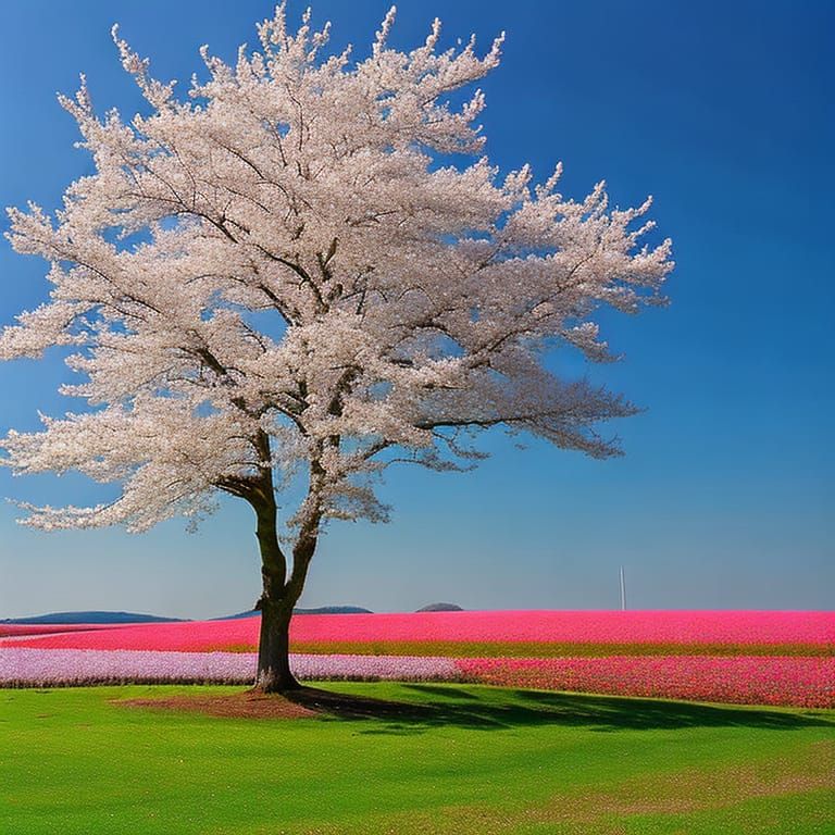 Cherry blossom tree standing alone on a open field under a blue sky ...