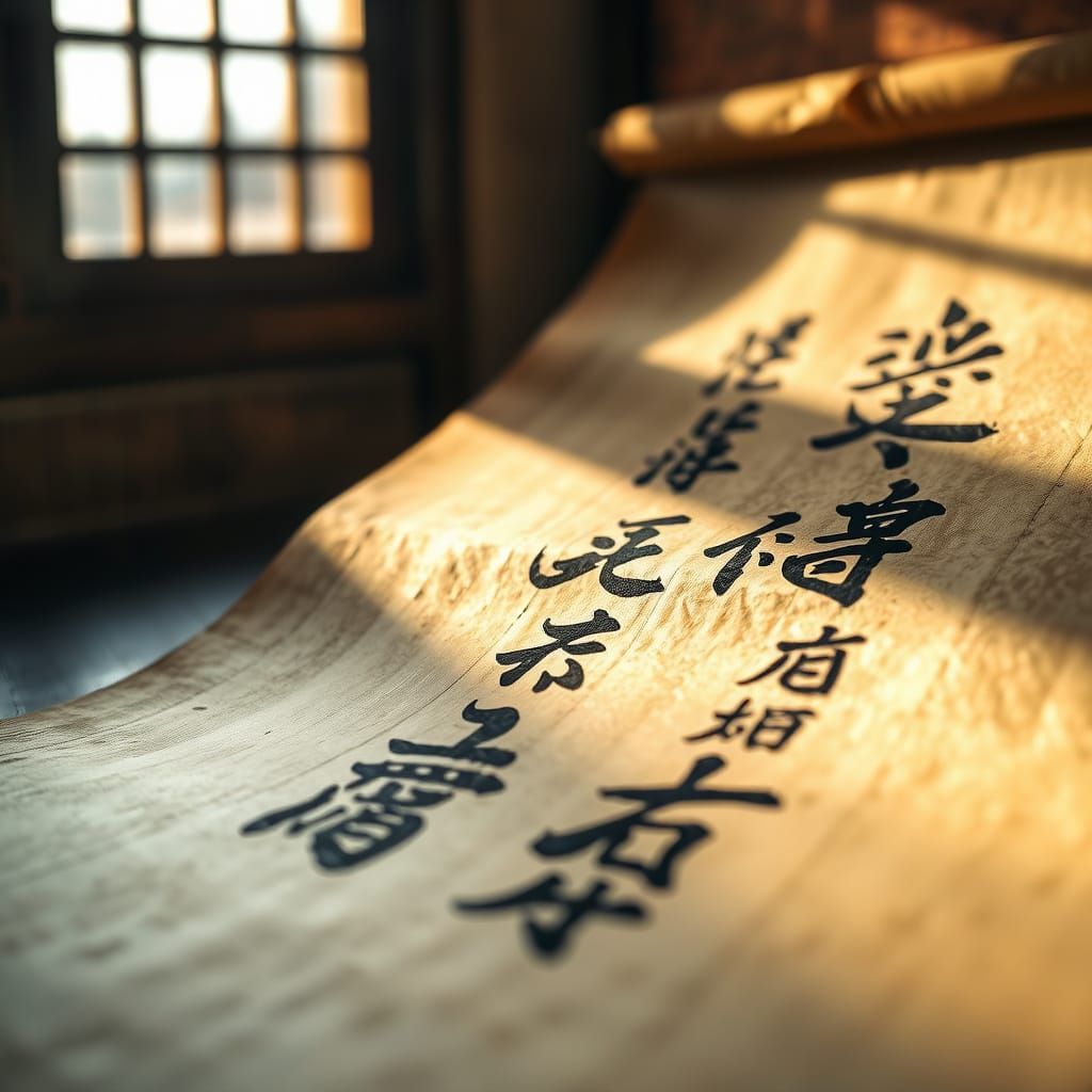 Elegant Chinese Calligraphy on Worn Paper Scroll - AI Art