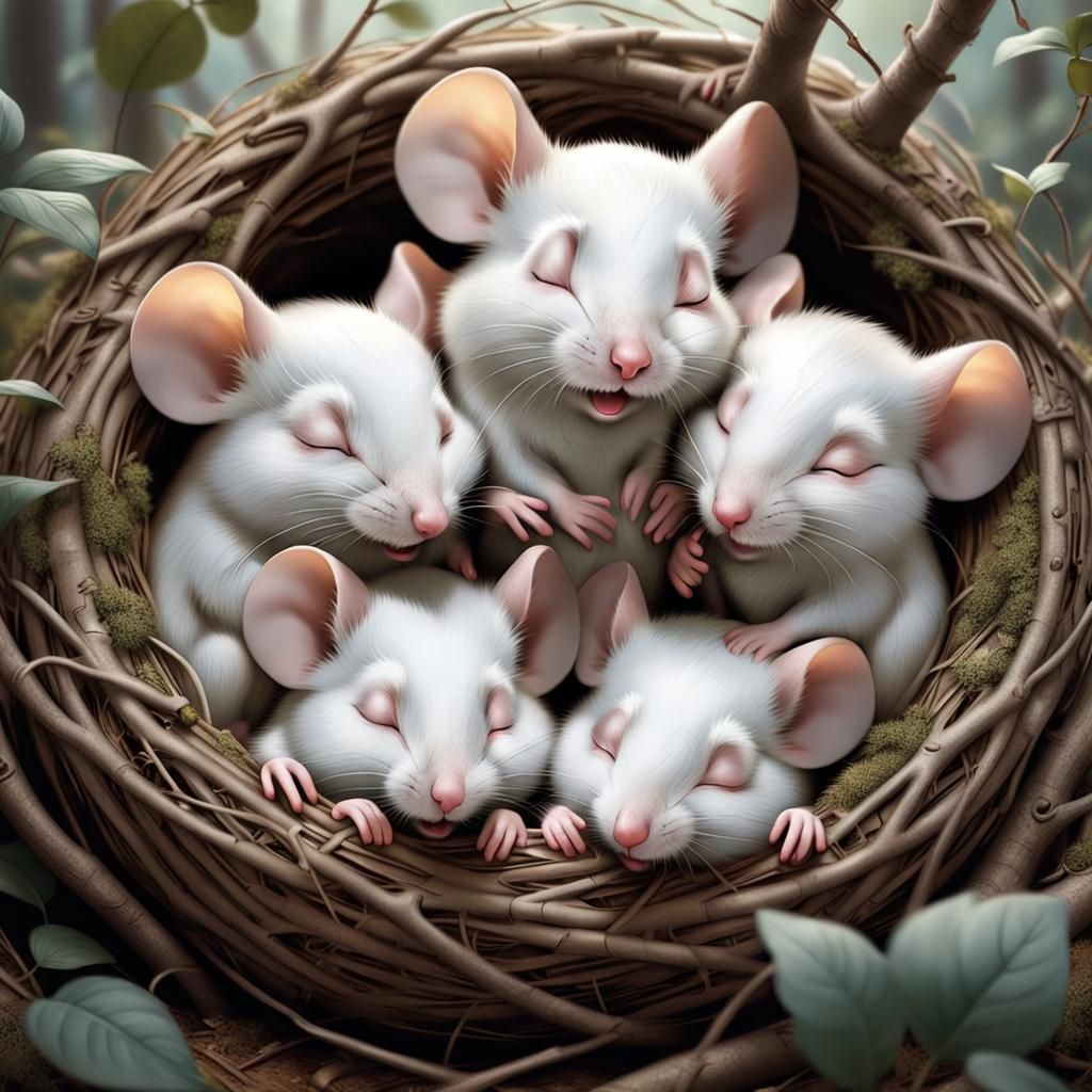 Adorable little white mice all cuddled up sleeping in their nest ...
