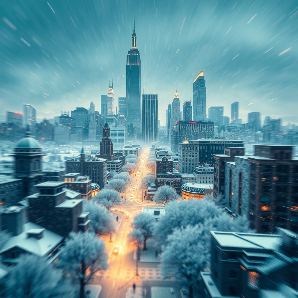 A City Under Frost: Vibrant Life in a Winter Metro... - AI Art
