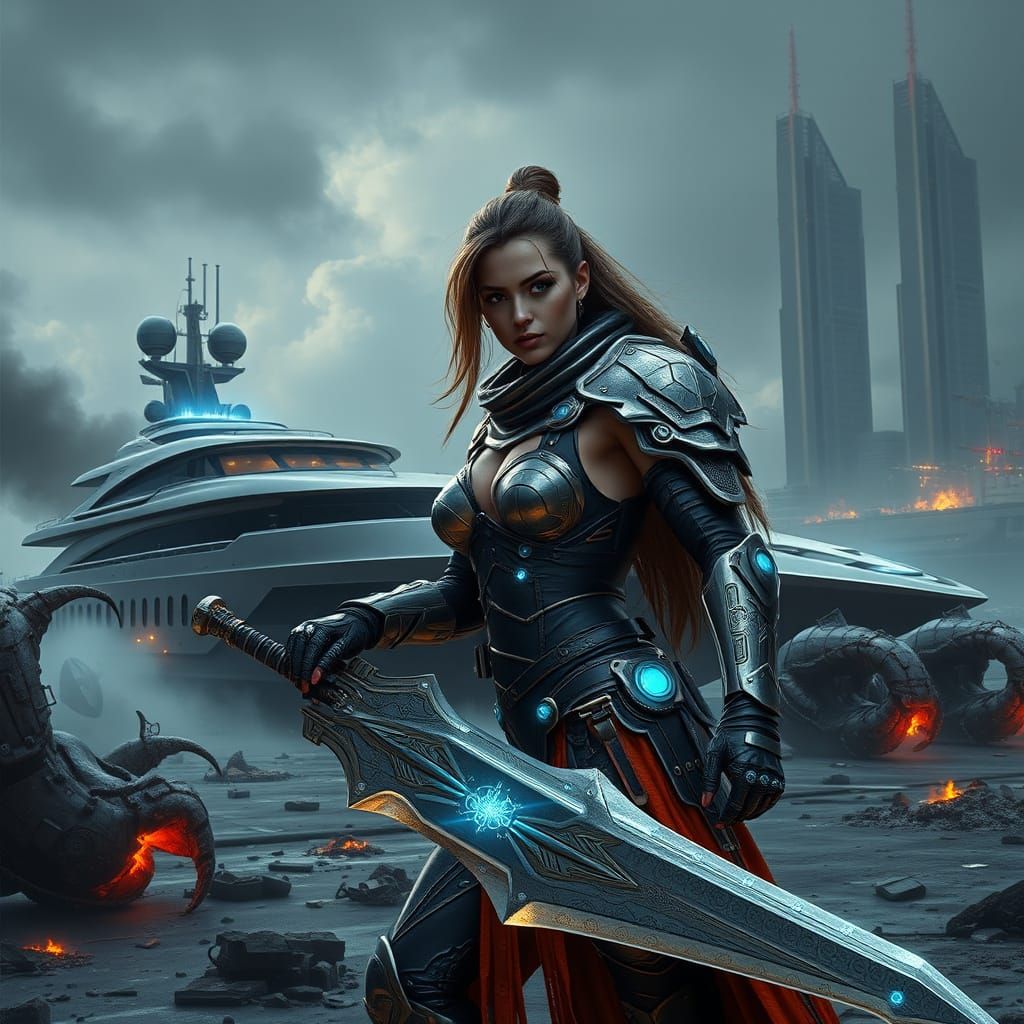 Ornate Warrior Woman Wields Sentient Energy Sword ... - AI Art