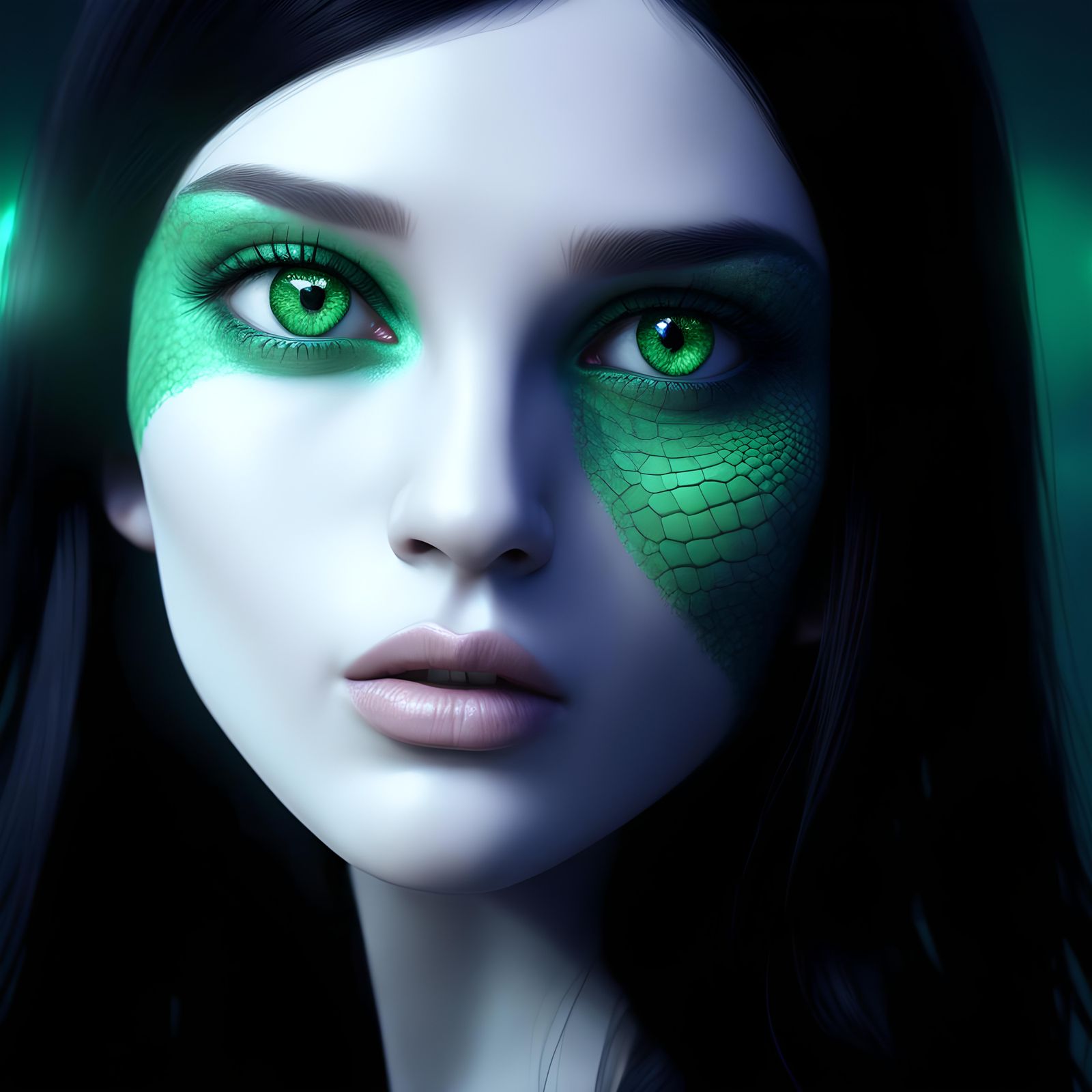 Reptilian Shapeshifter young lady long black hair green lizard like ...
