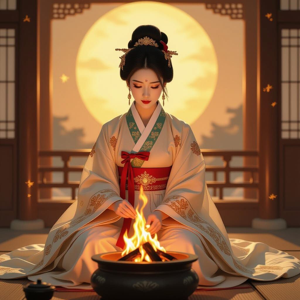 Korean Goddess Jowangshin Tending Hearth in Romant... - AI Art