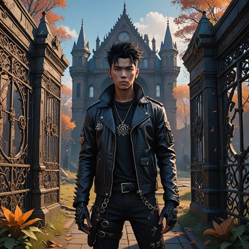 Gothic Rebel Stands Before Ancient Gate in Dawn's ... - AI Art